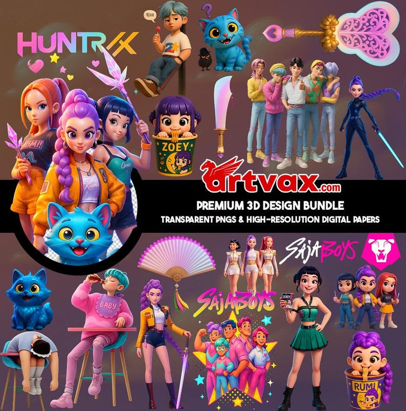 Kpop Huntrix PNG Bundle, Cute Characters, K-pop Boys, Girls, Derpy ...