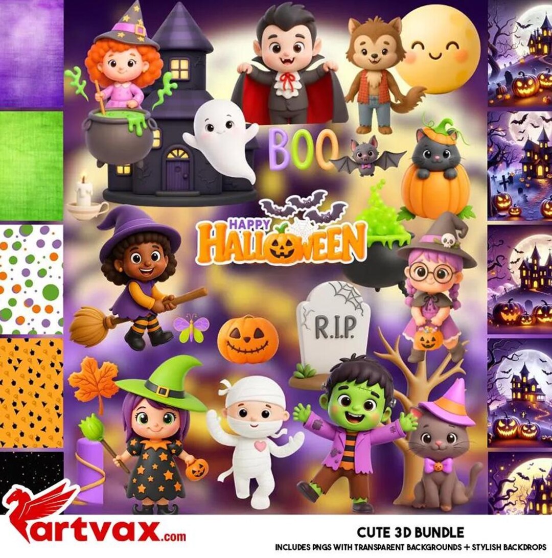Cute Halloween Clipart Bundle | 3D Witch Vampire Monster Pngs | Digital ...