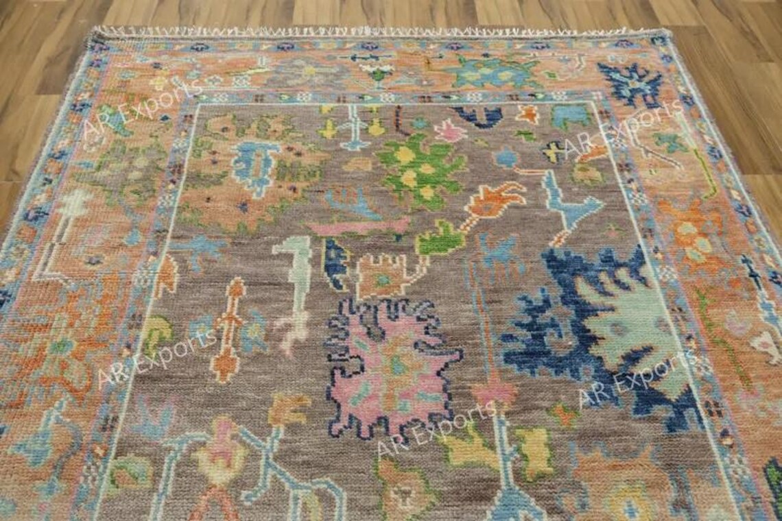 Indian Colorful Oushak Rug, Hand Knotted Wool Area Rug, Gray Peach - Etsy