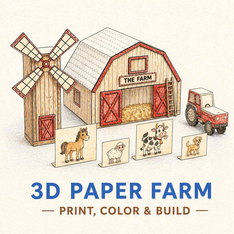 3D Paper Farm — Printable Paper Craft Kit for Kids | Print, Color ...