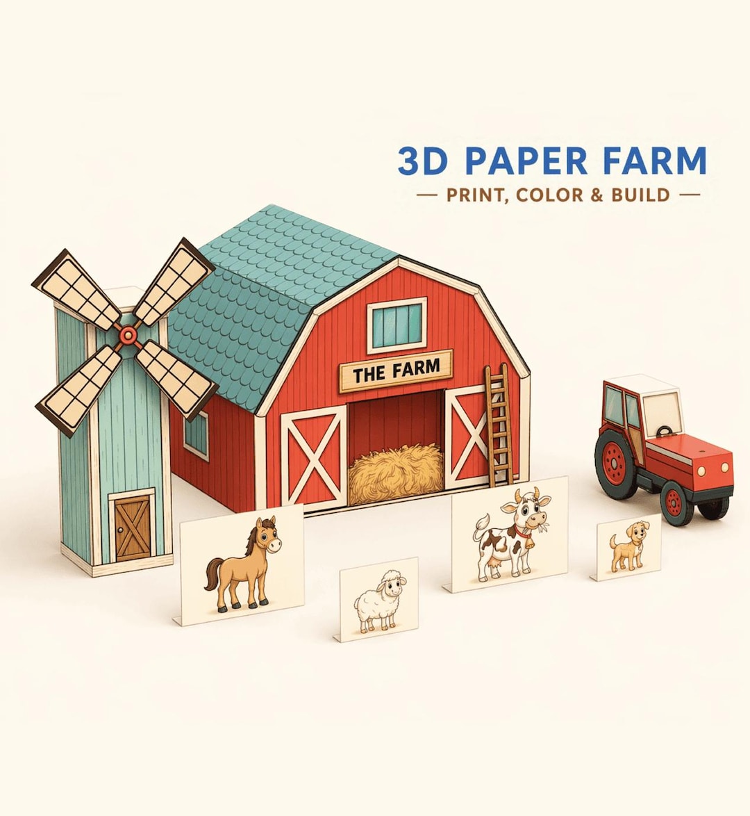 3D Paper Farm Craft Kit | Barn, Tractor, Animals (printable Activity ...