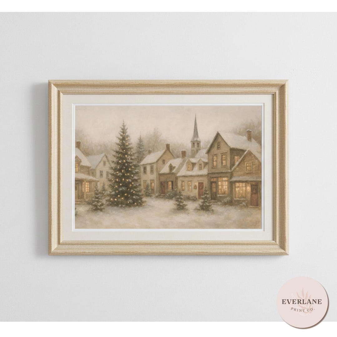 Vintage Christmas Village Art Print, Cozy Holiday Wall Decor, Digital ...