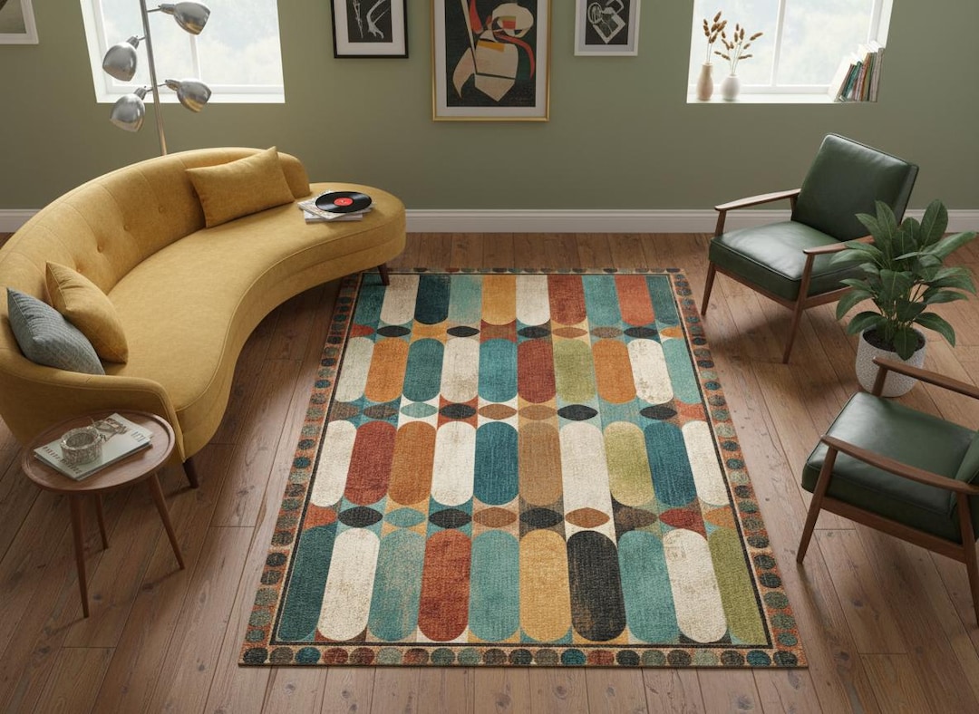 Retro Geometric Rug Modern Abstract Mid Century Style Carpet - Etsy