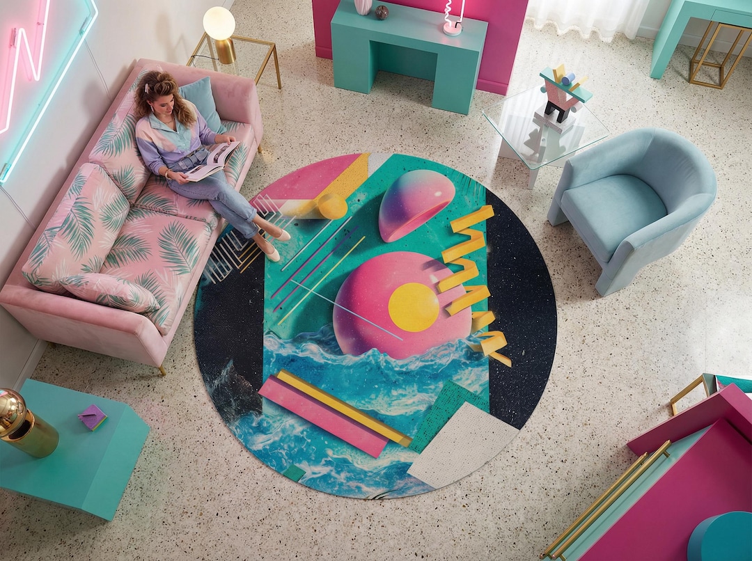 Miami Vice Round Rug, 80s Geometric Abstract Carpet - Etsy