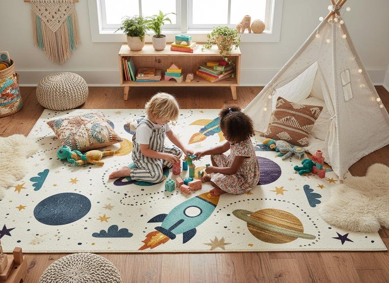 Space Rocket Kids Rug – Galaxy Planets Play Mat With Anti-slip Backing ...