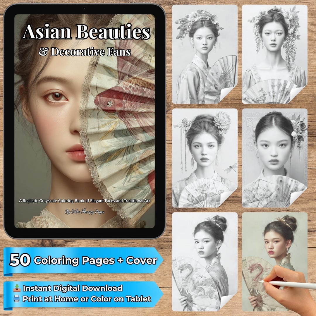 Asian Beauties & Decorative Fans Coloring Book | 50 Grayscale Portrait ...