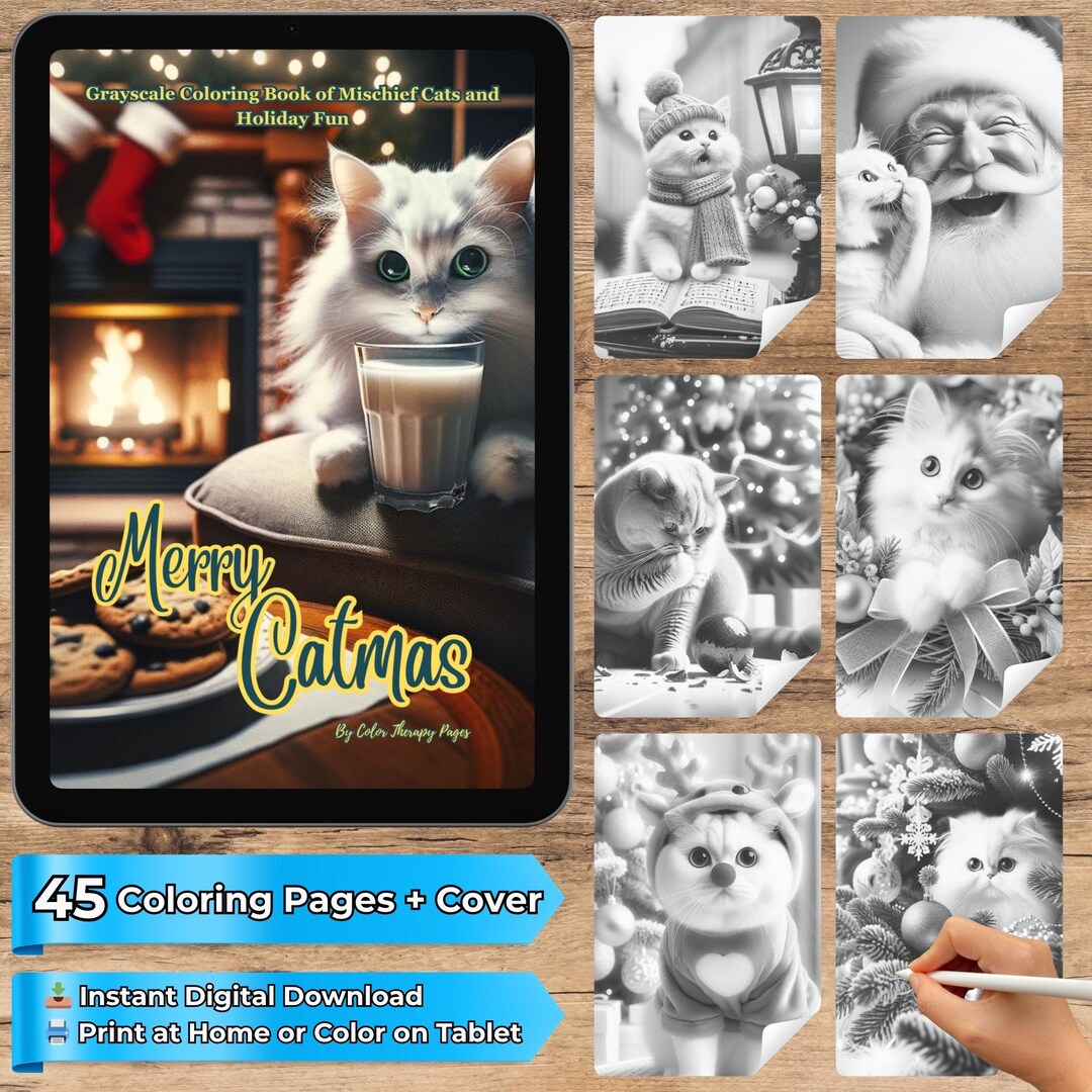 Merry Catmas Coloring Book | 45 Grayscale Pages of Festive Cats ...