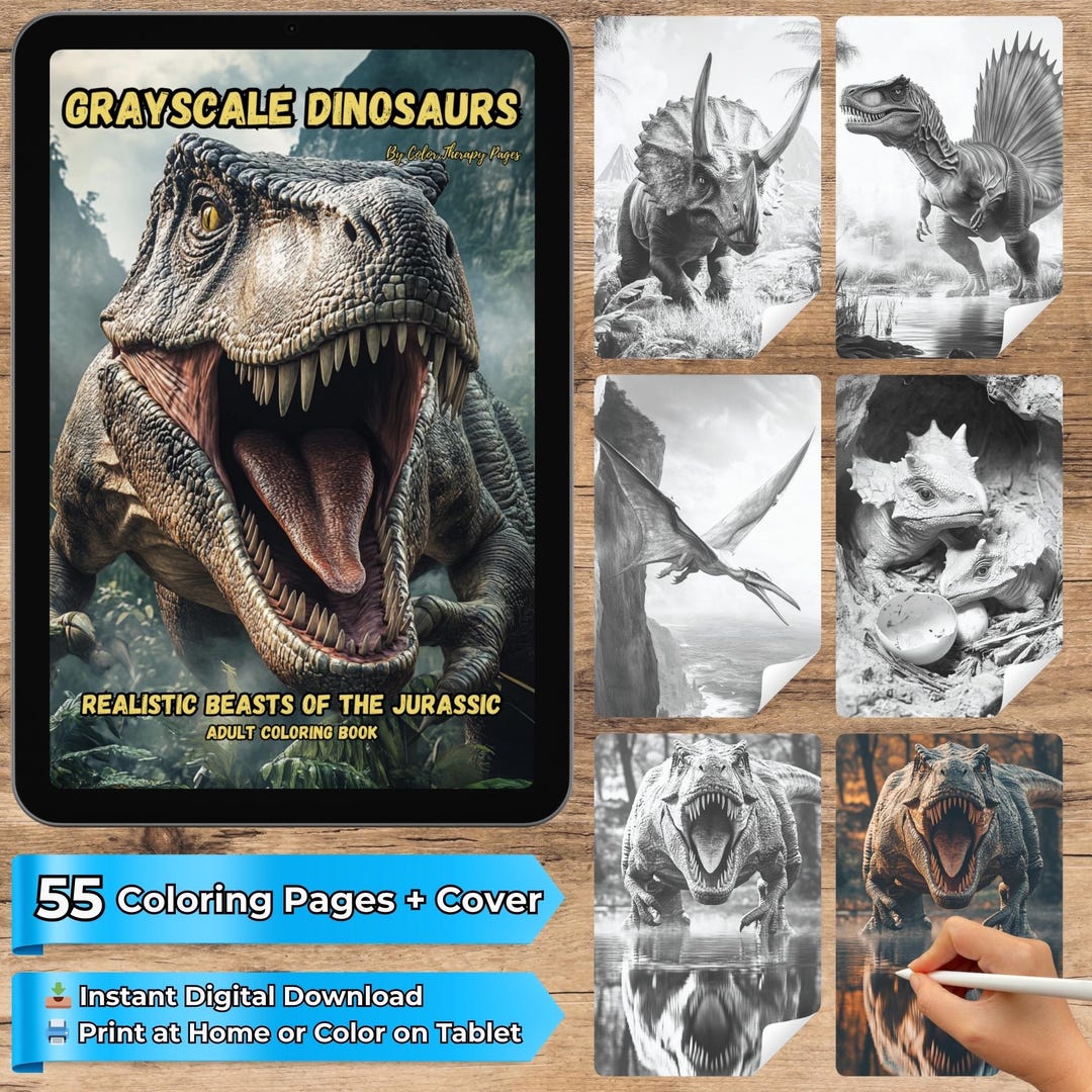Grayscale Dinosaurs Coloring Book | 50 Realistic Pages of Jurassic ...