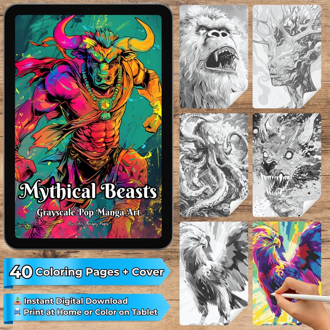 Mythical Beasts Coloring Book | 40 Grayscale Pop Art Pages of Legendary ...