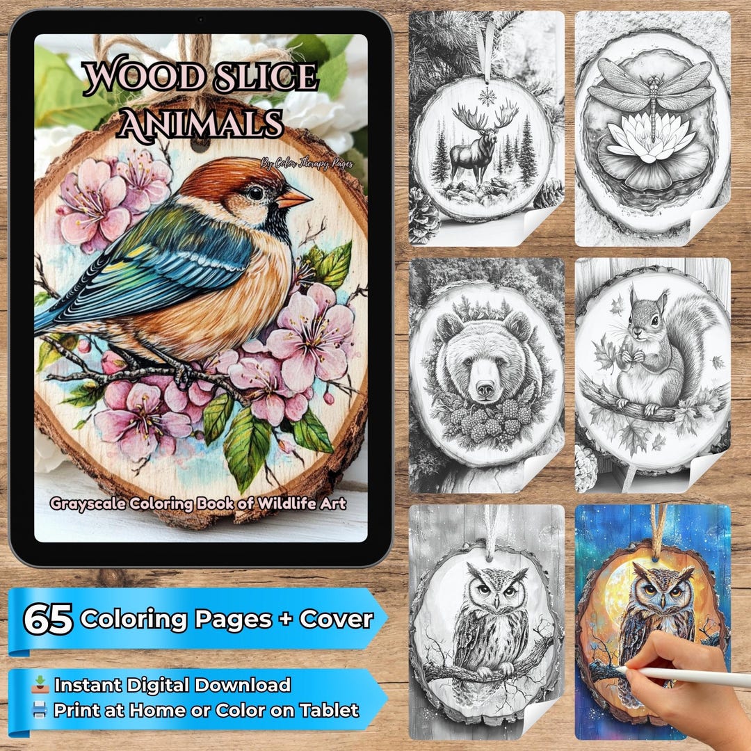 Wood Slice Animals Coloring Book | 65 Realistic Grayscale Pages of ...