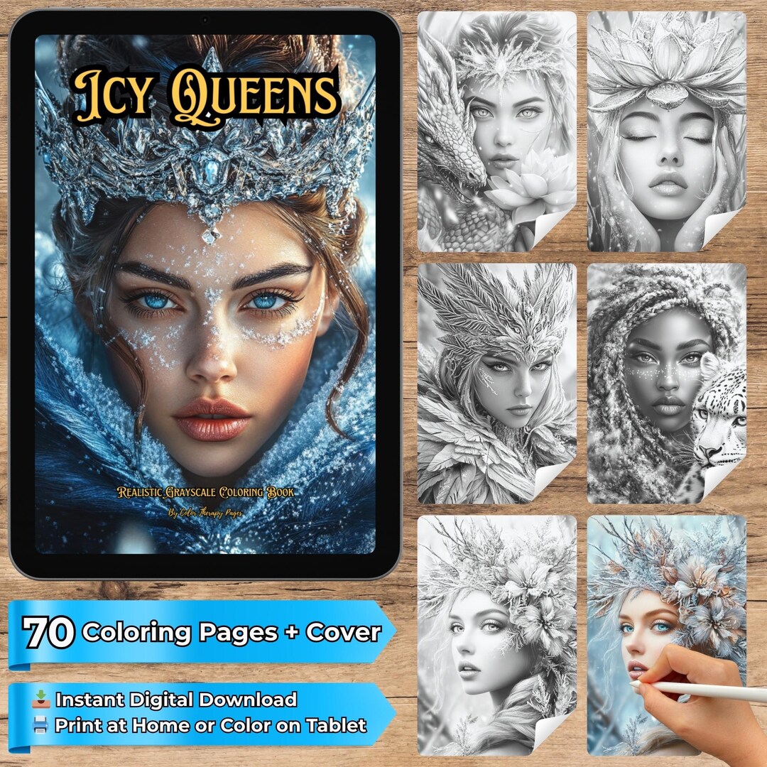 Icy Queens Coloring Book | 70 Grayscale Winter Fantasy Portraits of ...