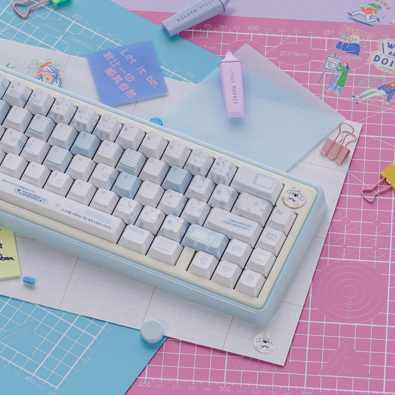 Cute Blue Notebook Theme Mechanical Keyboard - Kawaii Tri-mode RGB 65% ...