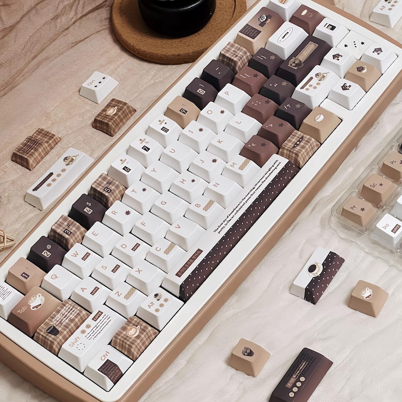Cute Brown Cozy Cafe Theme Coffee Keycap Set for Mechanical Keyboard ...