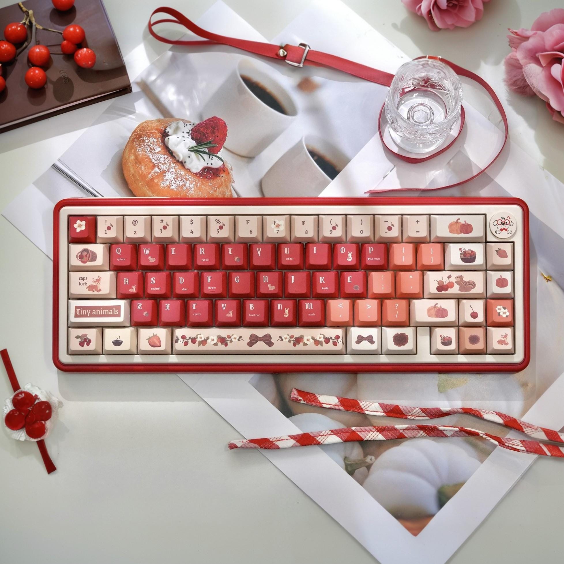 Cute Red Tiny Animals Mechanical Keyboard – Kawaii Tri-mode RGB 65% ...