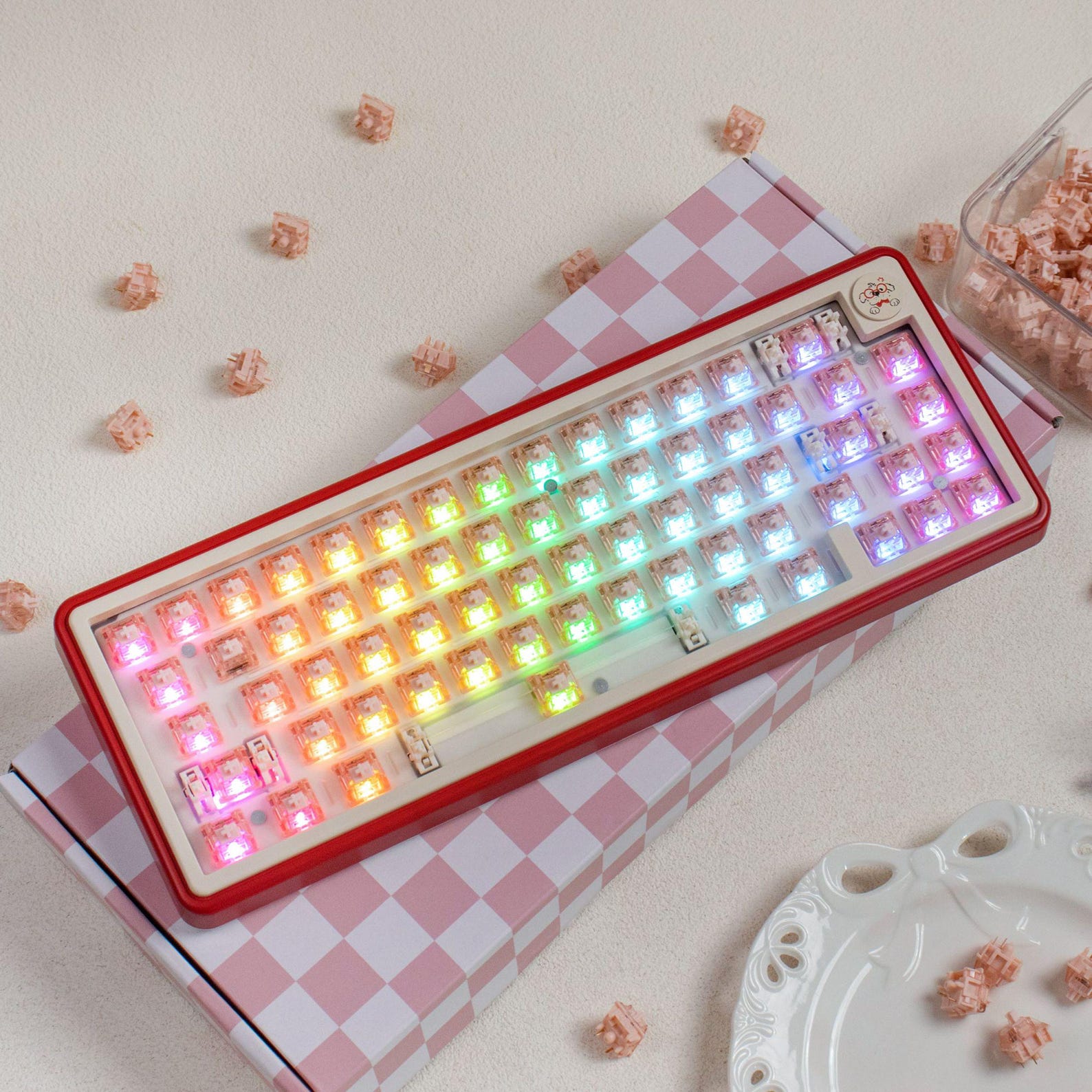 Cute Red Tiny Animals Mechanical Keyboard – Kawaii Tri-mode RGB 65% ...