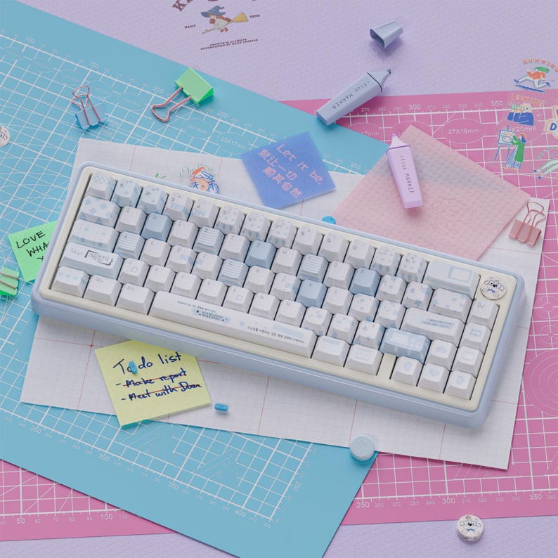 Cute Blue Notebook Theme Mechanical Keyboard - Kawaii Tri-mode RGB 65% ...