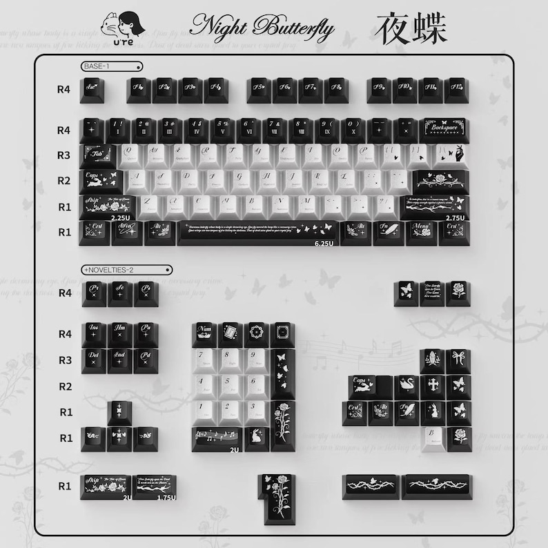 Night Butterfly Gothic Floral Keycap Set | Dark Fairytale Rose ...