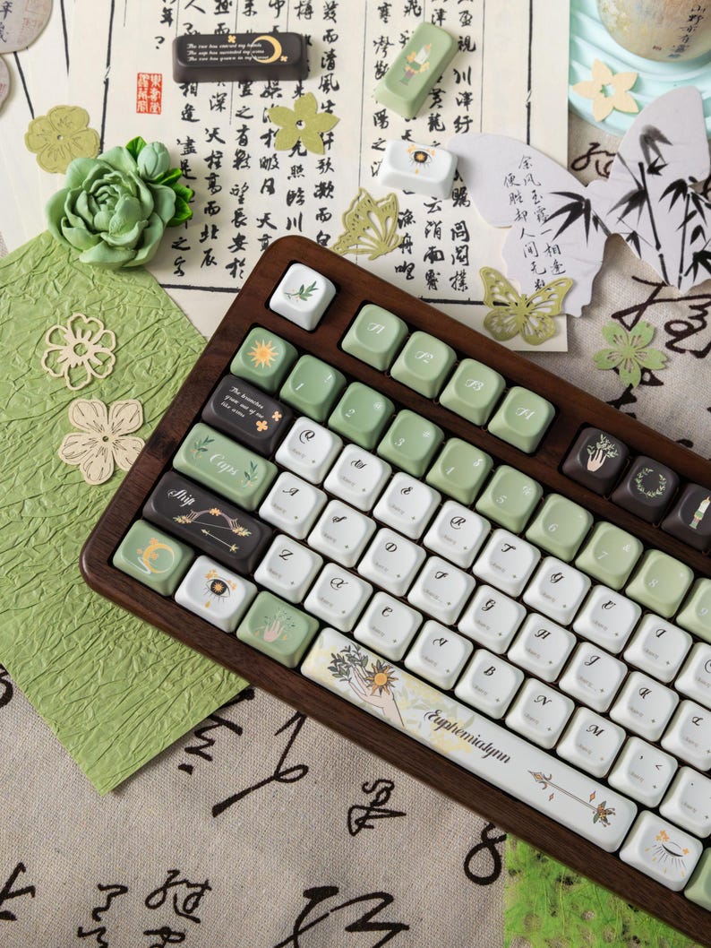 Cute Botanical Theme Pastel Green Keycaps Set for Mechanical Keyboard ...