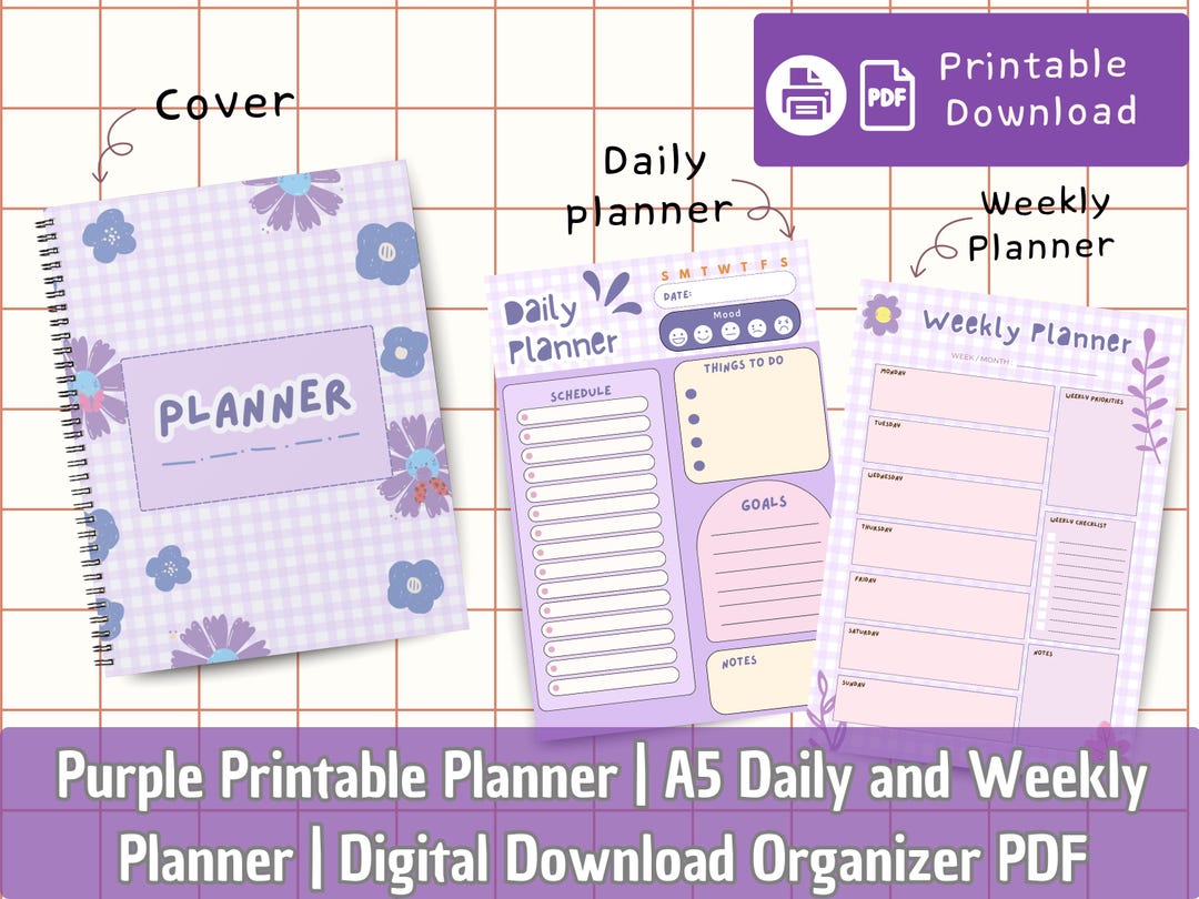 Purple Daily & Weekly Planner Printable: A5 PDF Organizer (digital ...