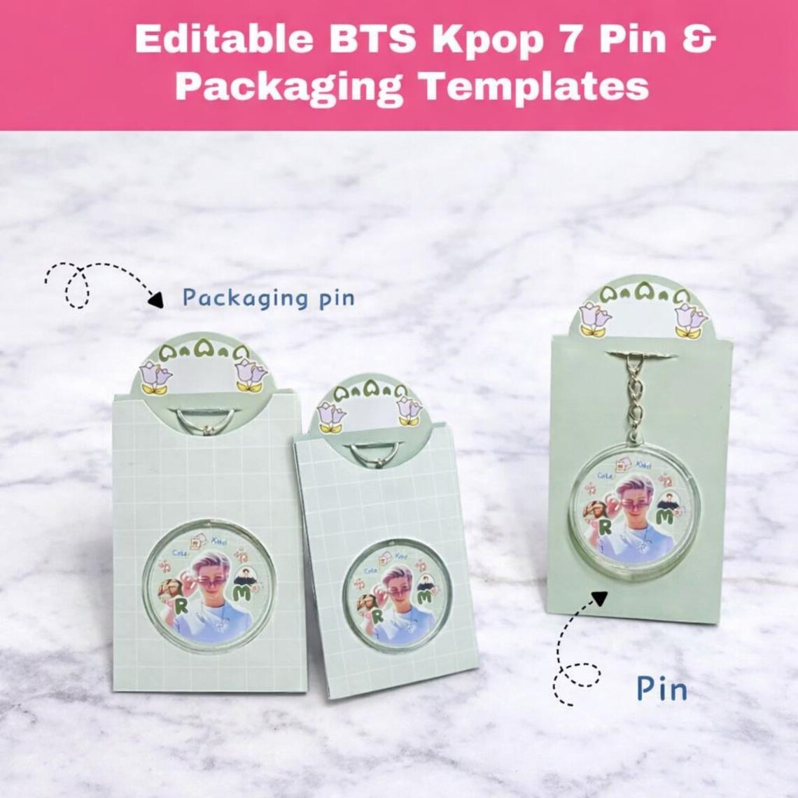 Editable BTS 7 Pins and Packaging Templates | Canva Pro Digital ...