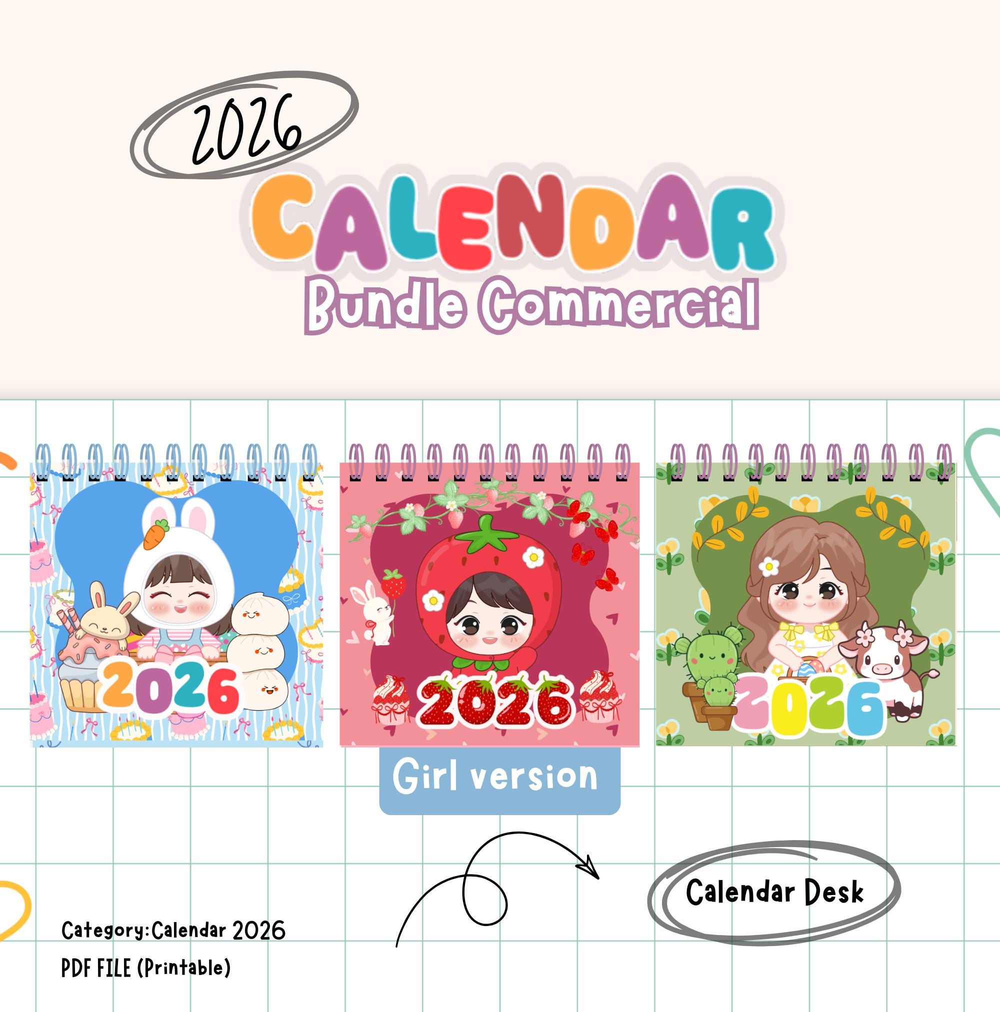 Mini Desk Calendar Girls Printable 2026 PDF for Gift and Commercial Use ...