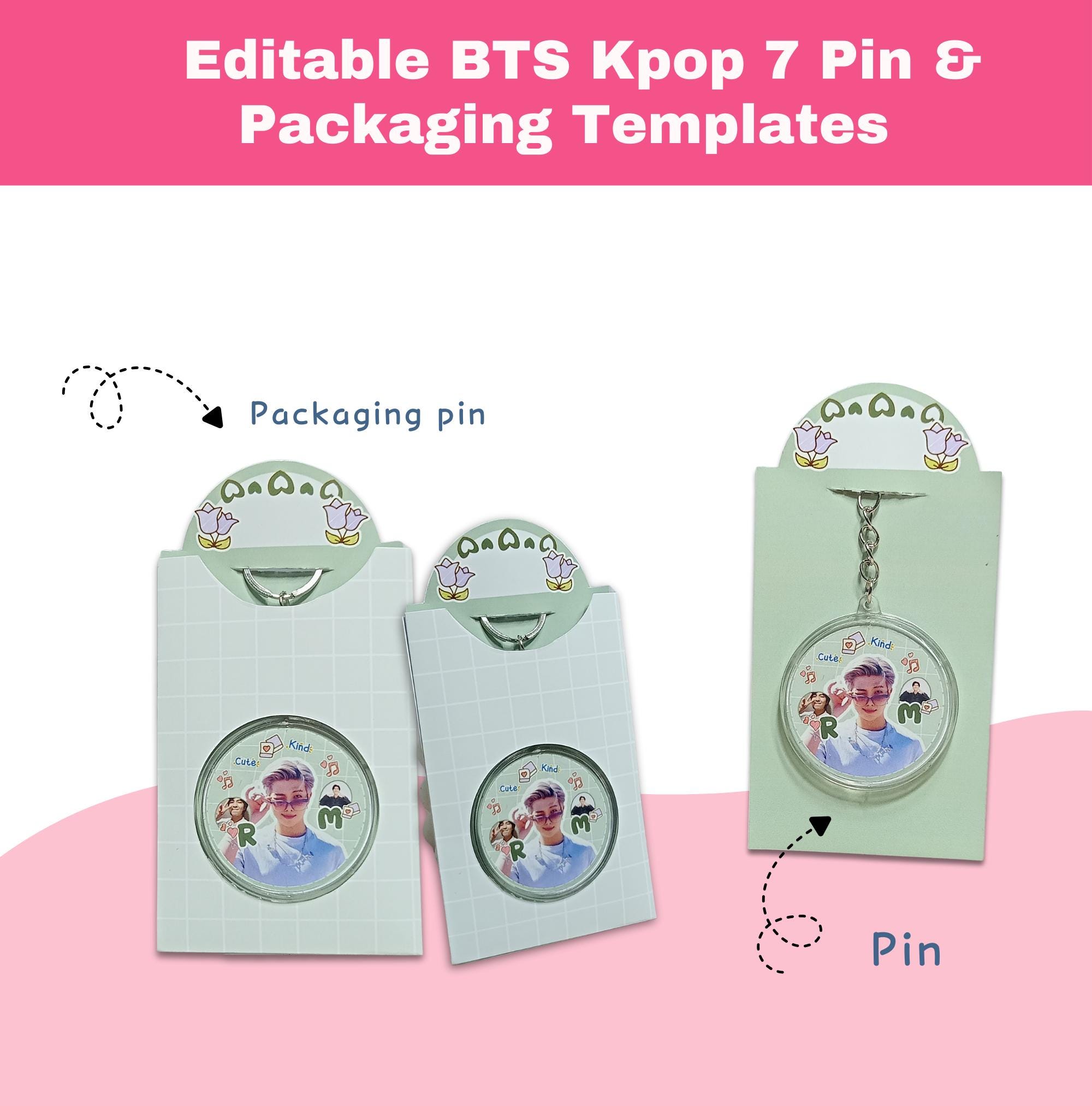 Editable BTS 7 Pins and Packaging Templates | Canva Pro Digital ...