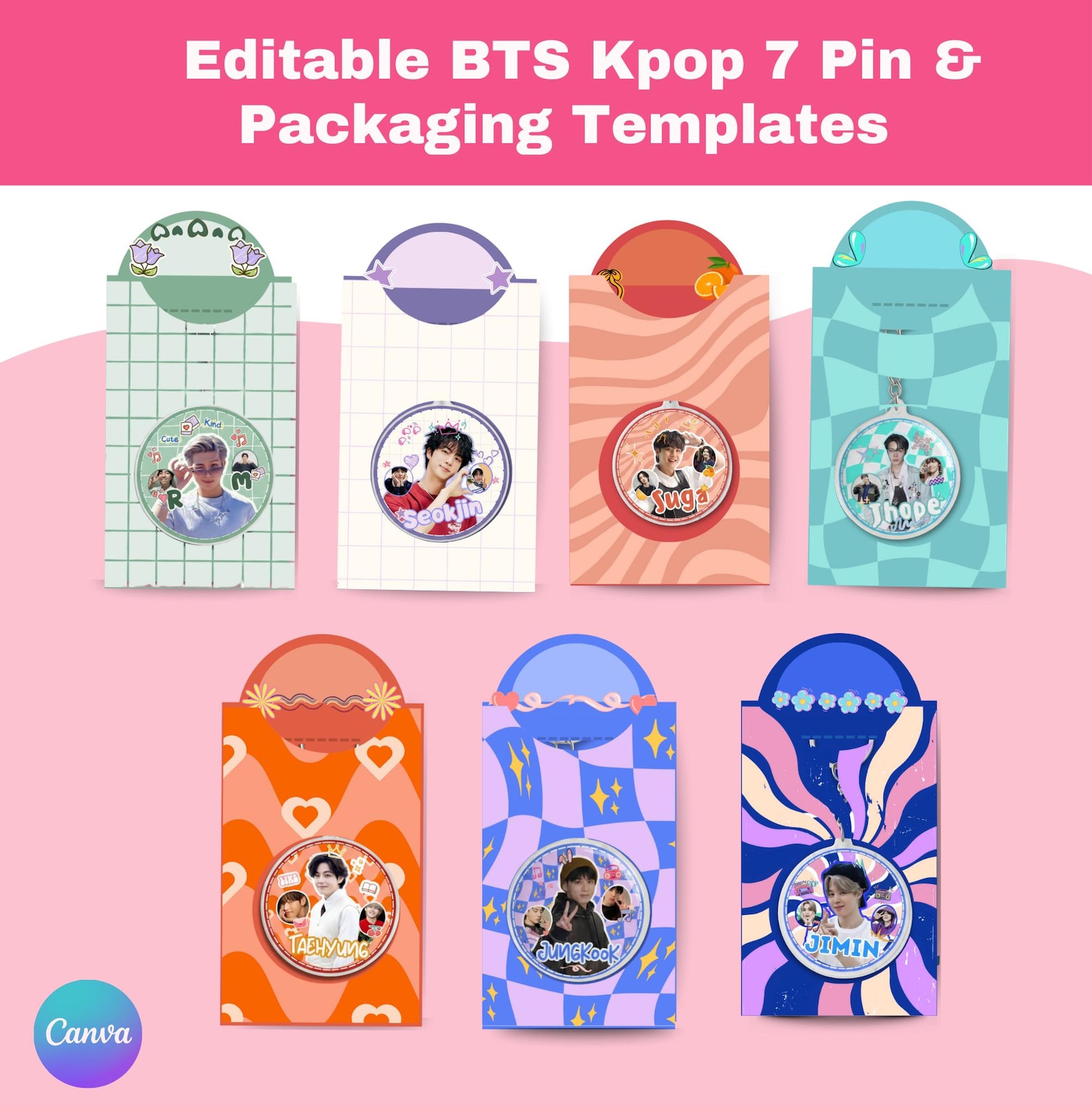 Editable BTS 7 Pins and Packaging Templates | Canva Pro Digital ...