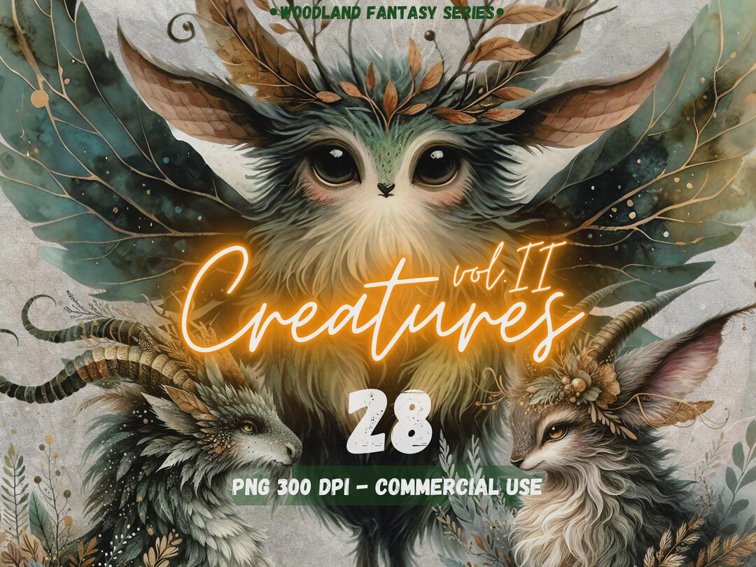 Woodland Fantasy Creatures Vol. 2 Watercolor PNG Digital Clipart Bundle ...