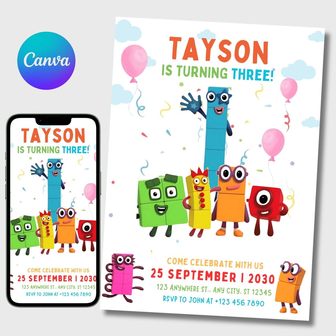 Number Blocks Birthday Invitation: Editable Kid's Party Invite (digital ...