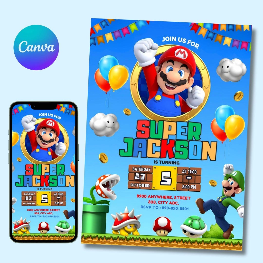 Super Mario Birthday Invitation, Editable Super Mario, Printable ...