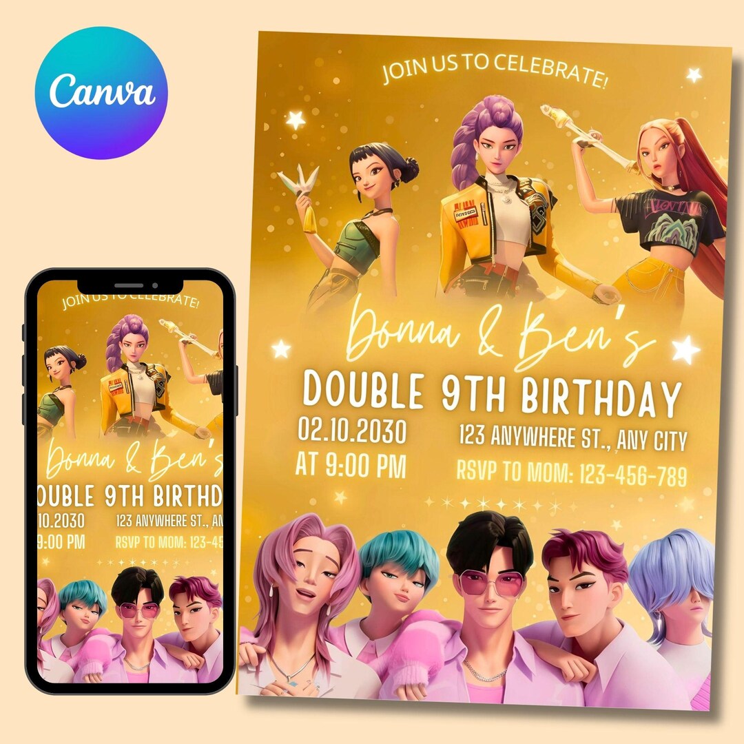 Kpop Double Birthday Invitation, Kpop Demon Hunters Birthday Invitation ...