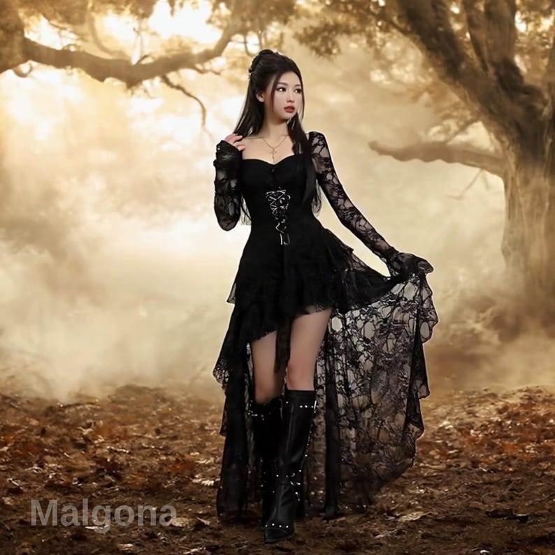 Women's Gothic Irregular Dress Flare Sleeve Dark Fashion Asymmetrical ...