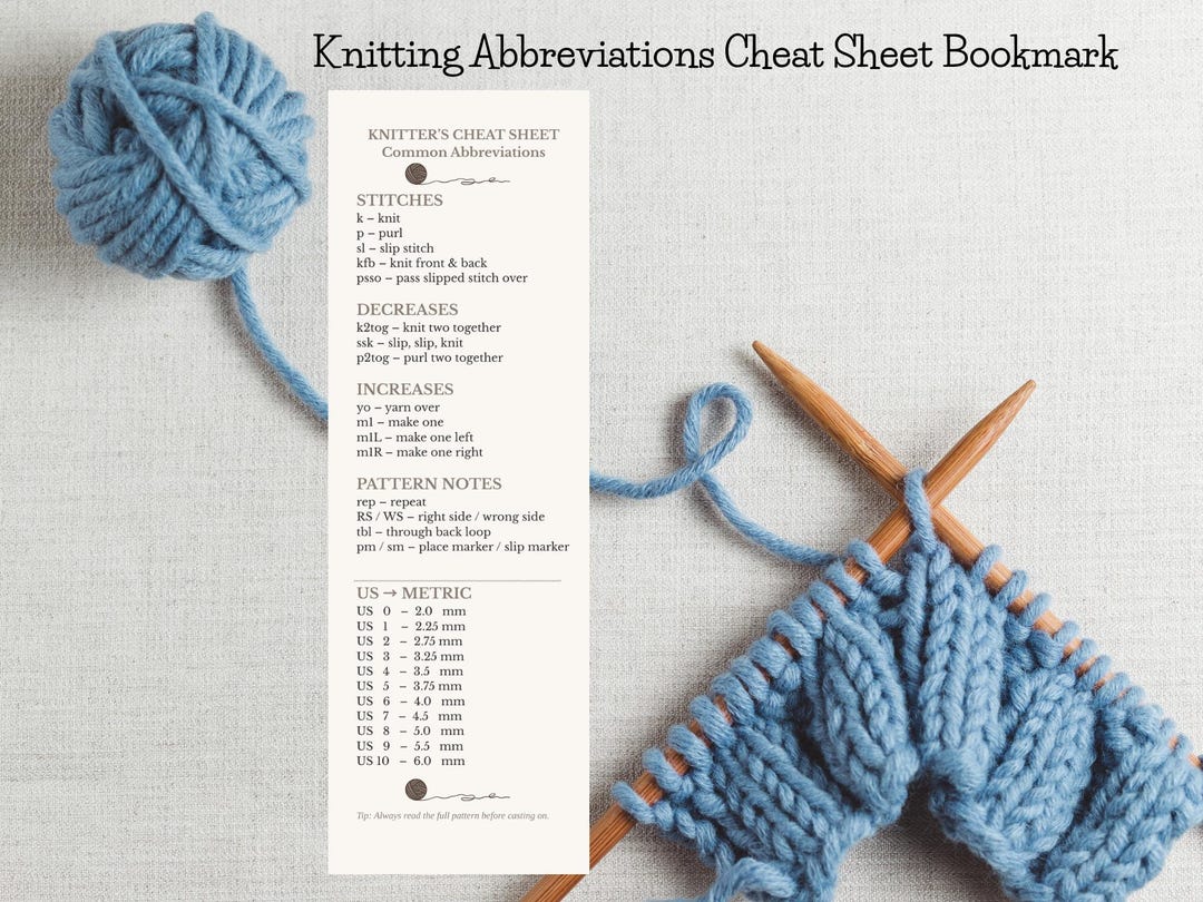 Knitting Abbreviations Cheat Sheet Bookmark | Printable Knitting ...