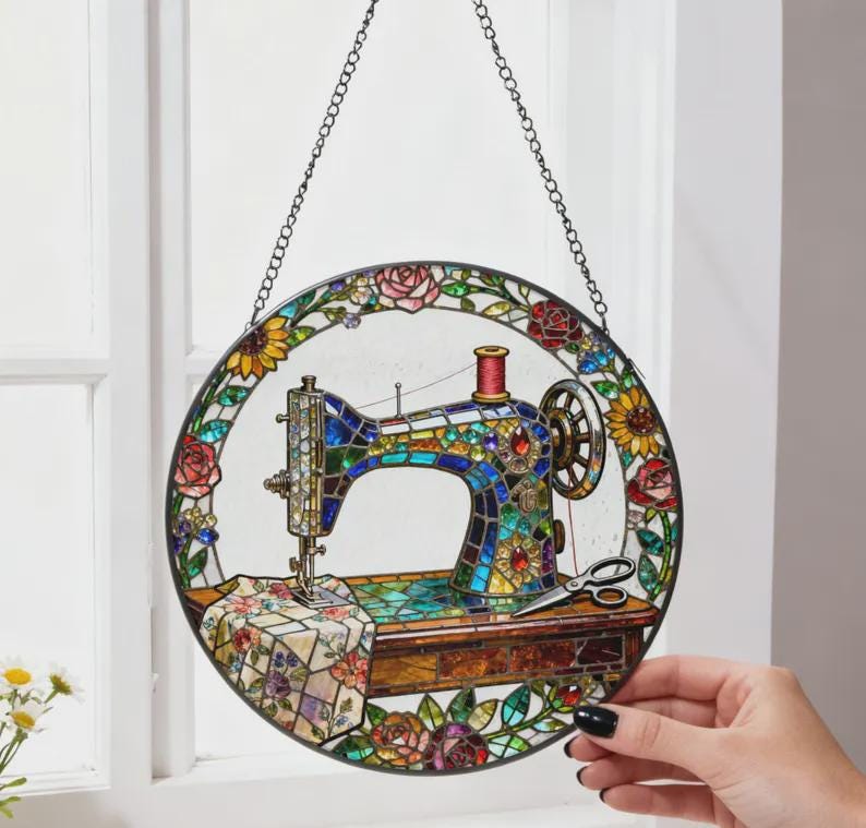Suncatcher Stained Glass Sewing Machine Ornament Window Hanging Quilter ...