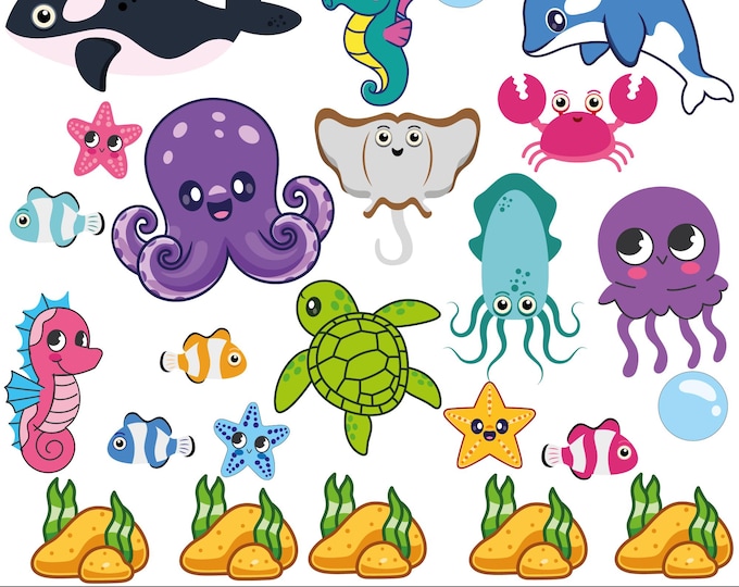 Sea Animals SVG, Sea Animal Shapes PNG, Seaweed, Algae, Dolphin, Whale ...
