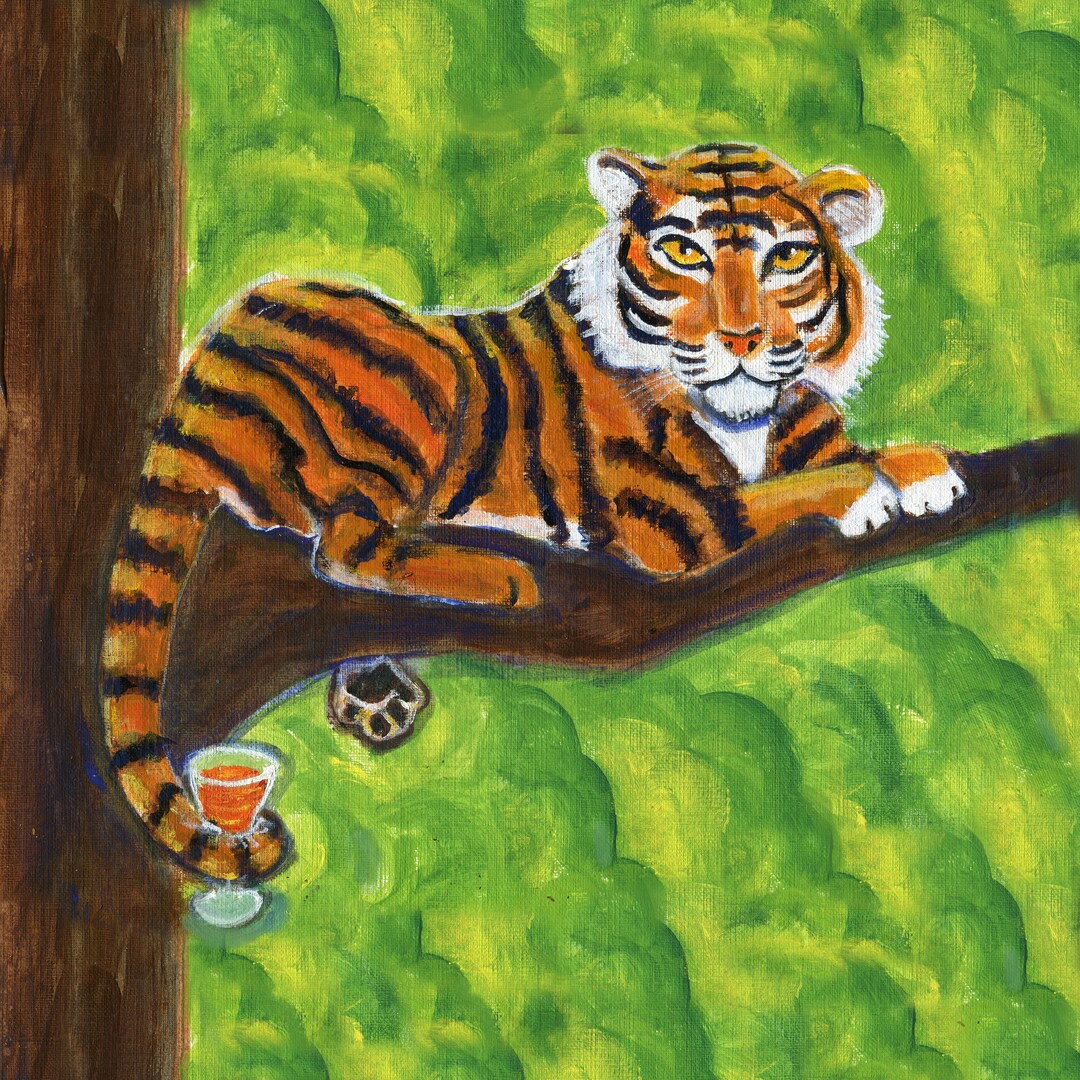 Tiger Art Card, 5" X 5" Blank Card, Tiger With a Drink, Animal Spirit ...