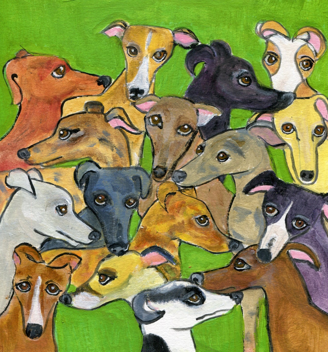 Greyhound Art Card Featuring Greyhounds on Green , 5" X 5" Blank ...