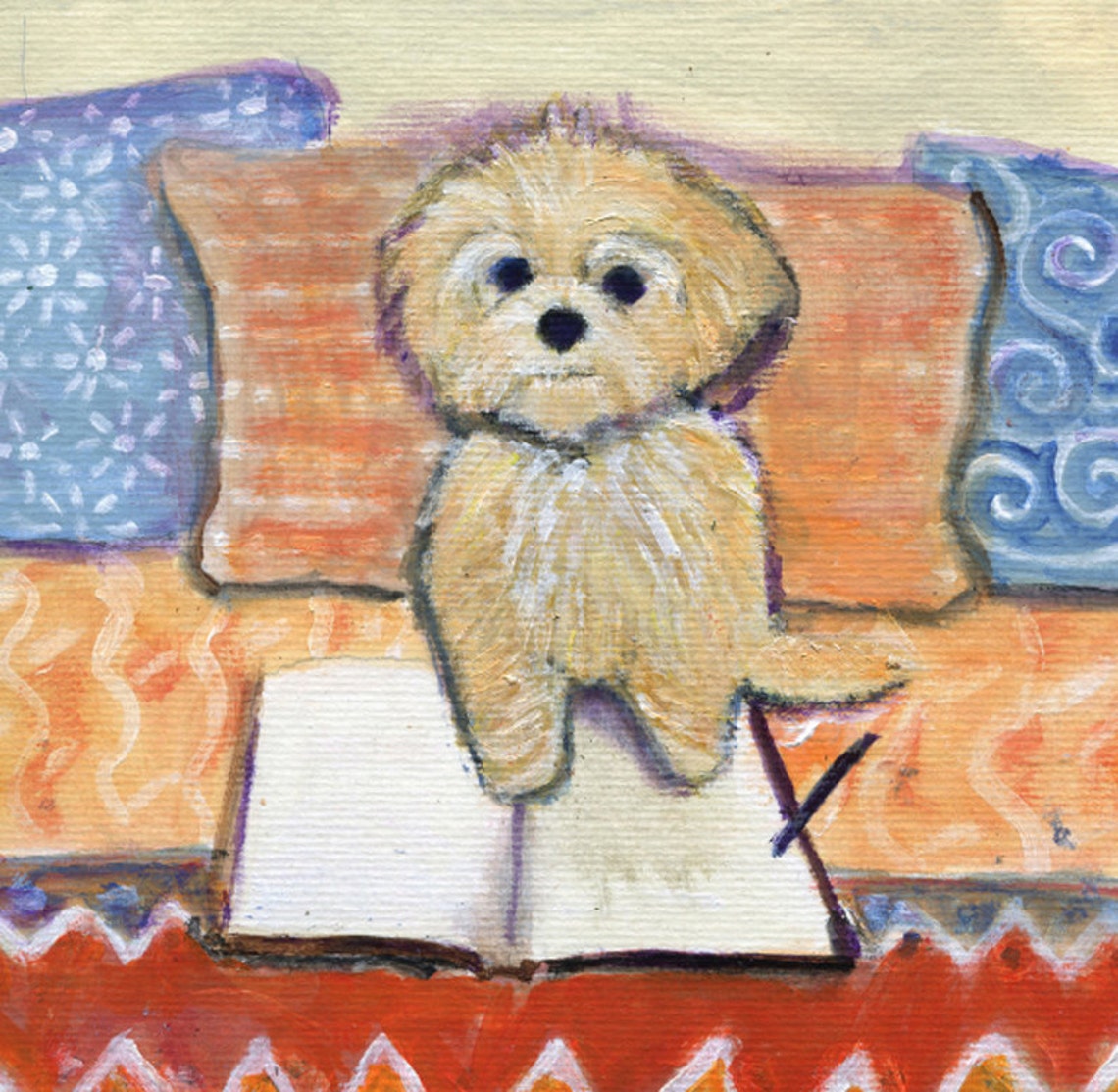 Dog Art Card, White Dog With Book, 5" X 5" Art Greeting Card, Blank ...