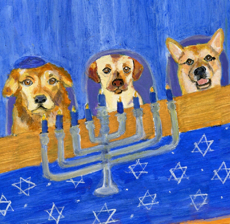Hanukkah Dogs Art Card: Jewish Holiday Greeting / Note Card. Blank ...