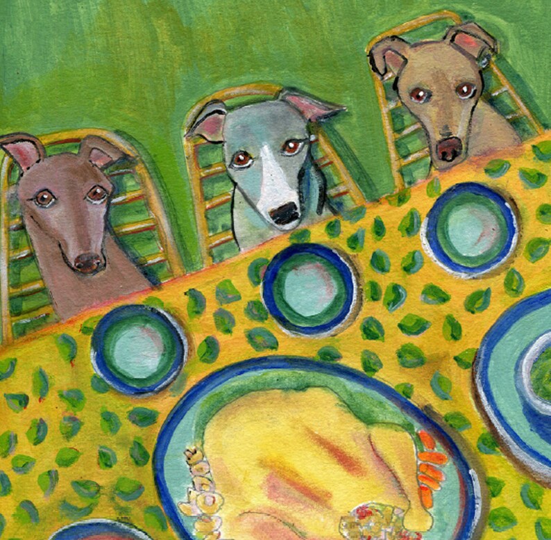 Greyhound Art Card. "feasting Greyhounds", Blank Inside, Holiday Dog ...