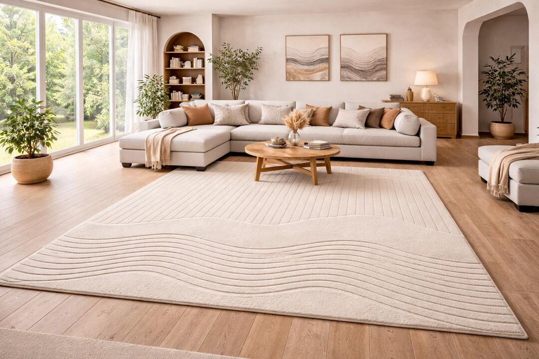 Ivory Textured Wave Hand Tufted Wool Rug, Modern Minimalist Area Carpet ...