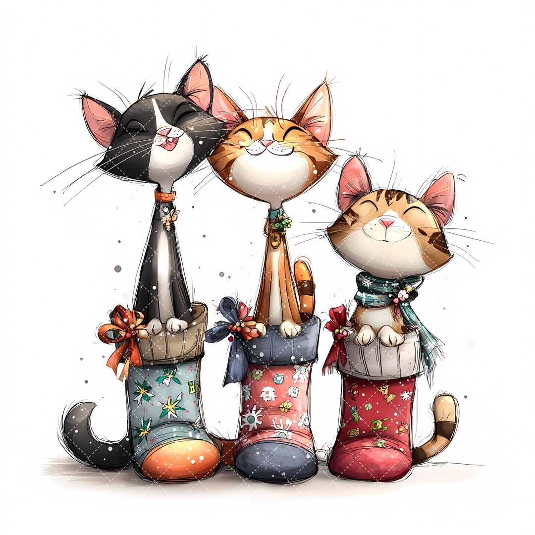 Whimsical Christmas Cats Watercolor Clipart: High-res Jpgs (digital ...