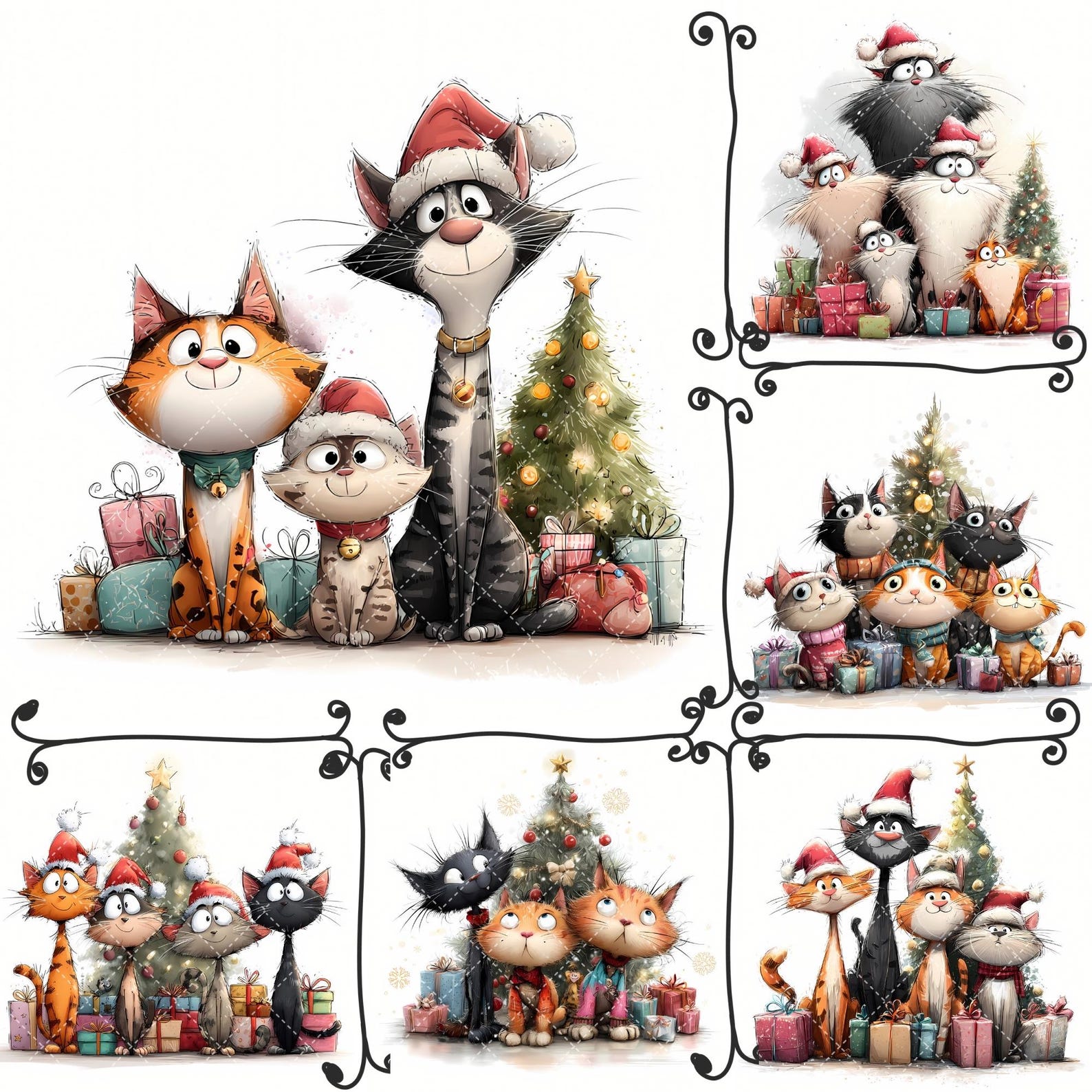 Whimsical Cats Christmas Tree Clipart: Cute Festive Graphics (digital ...
