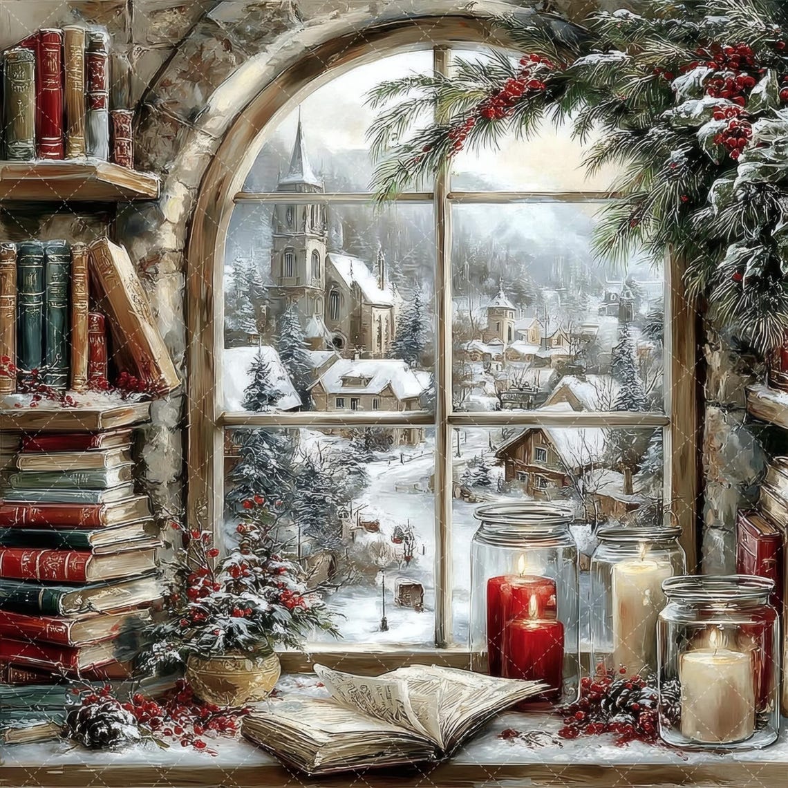 30 Watercolor Vintage Christmas Window | Printable Watercolor Clipart ...