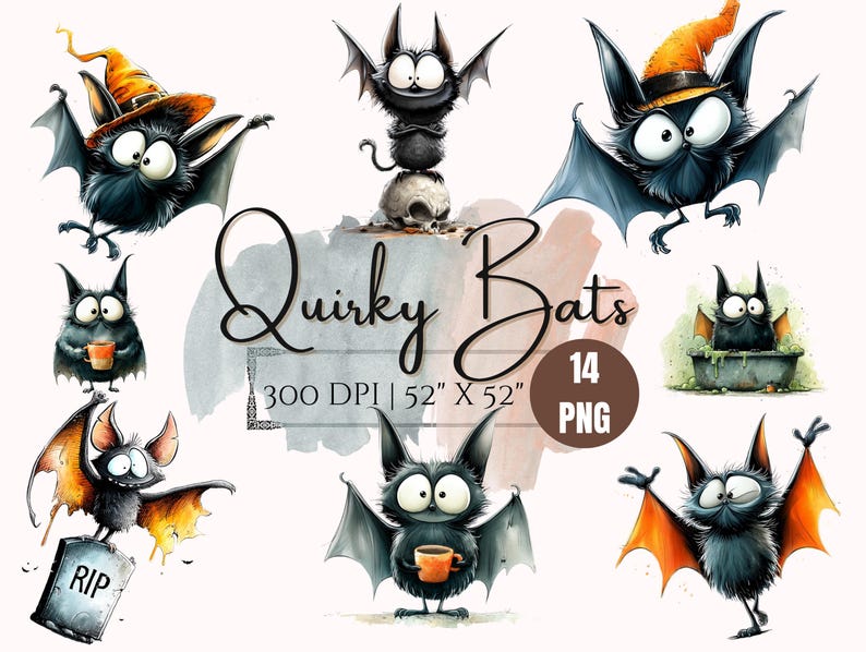 Funny Bat Clipart Cute Halloween Bats PNG Whimsical Bat Digital ...