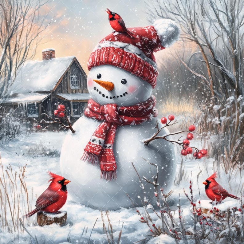 Snowman With Cardinal Clip Art Bundle 30 High Res Watercolor Jpgs Junk ...