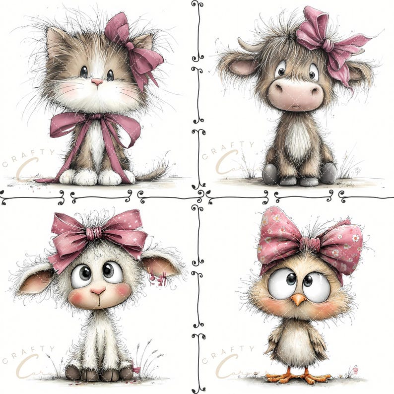 Cute Farm Clipart, Farm Animals Bow Watercolor Digital Clipart, Farm ...