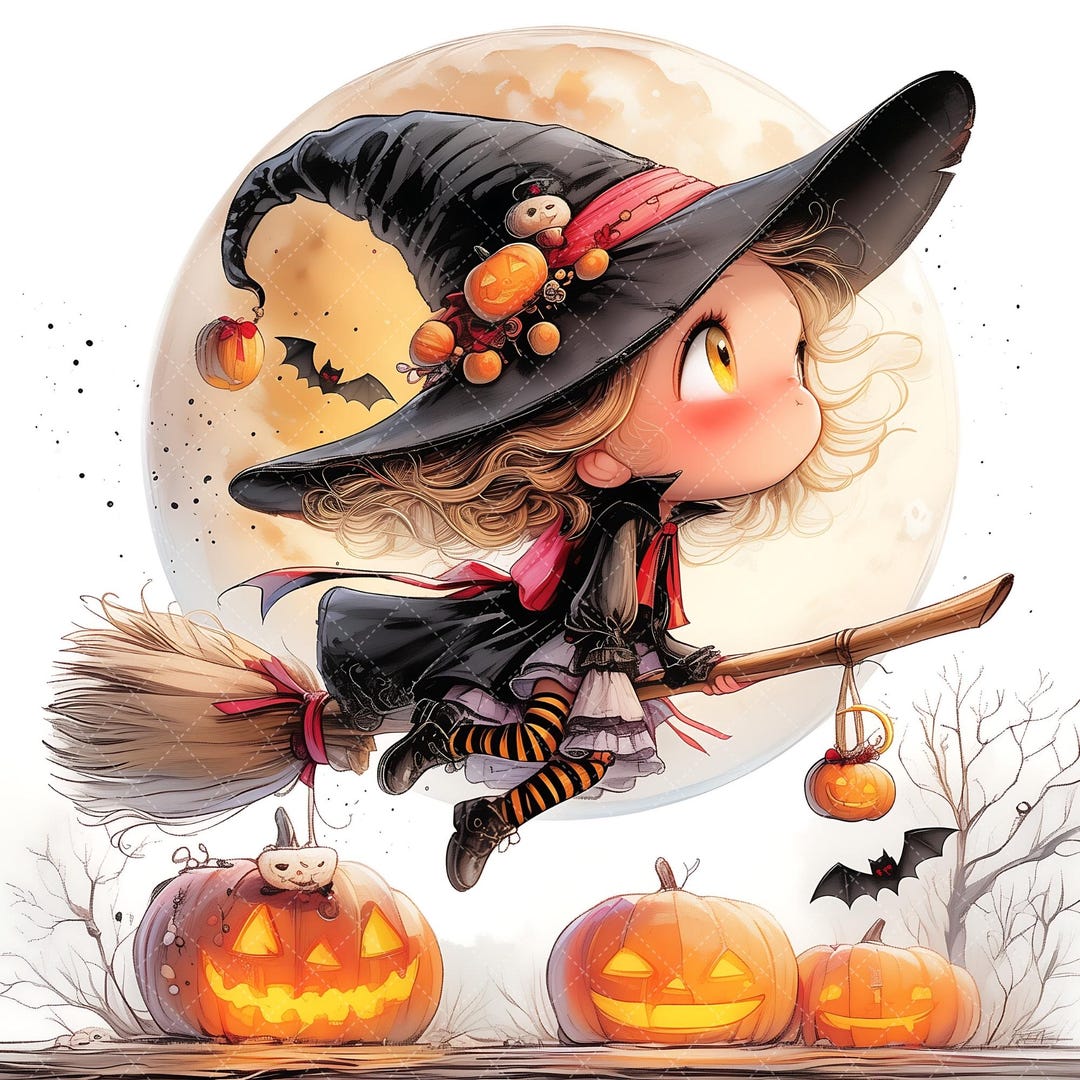 Cute Halloween Clipart - Watercolor - Witch - Pumpkin - Cat - Spider ...