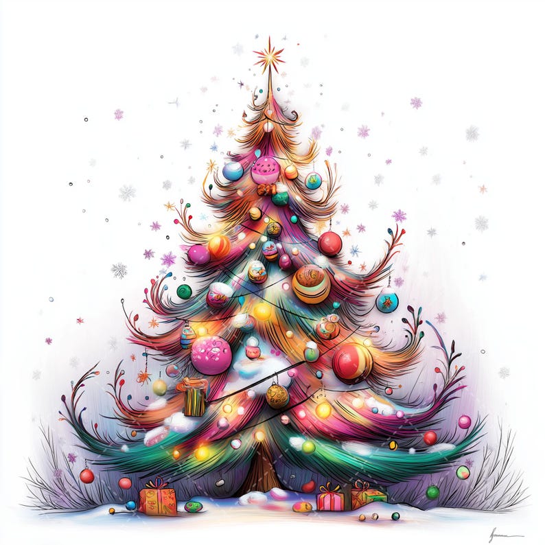 16 Whimsical Christmas Tree Clipart, Quirky Christmas Clipart, JPG ...