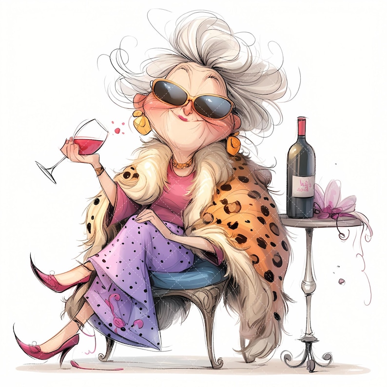 22 Funny Old Ladies Clip Art JPEG, Stylish Grandmas Illustration ...